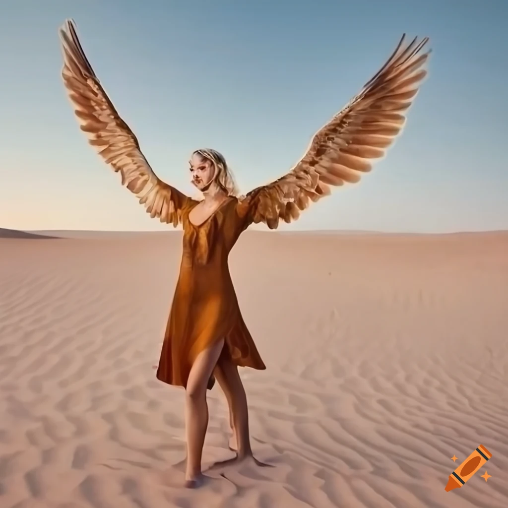 Blonde woman with eagle wings in a desert landscape on Craiyon