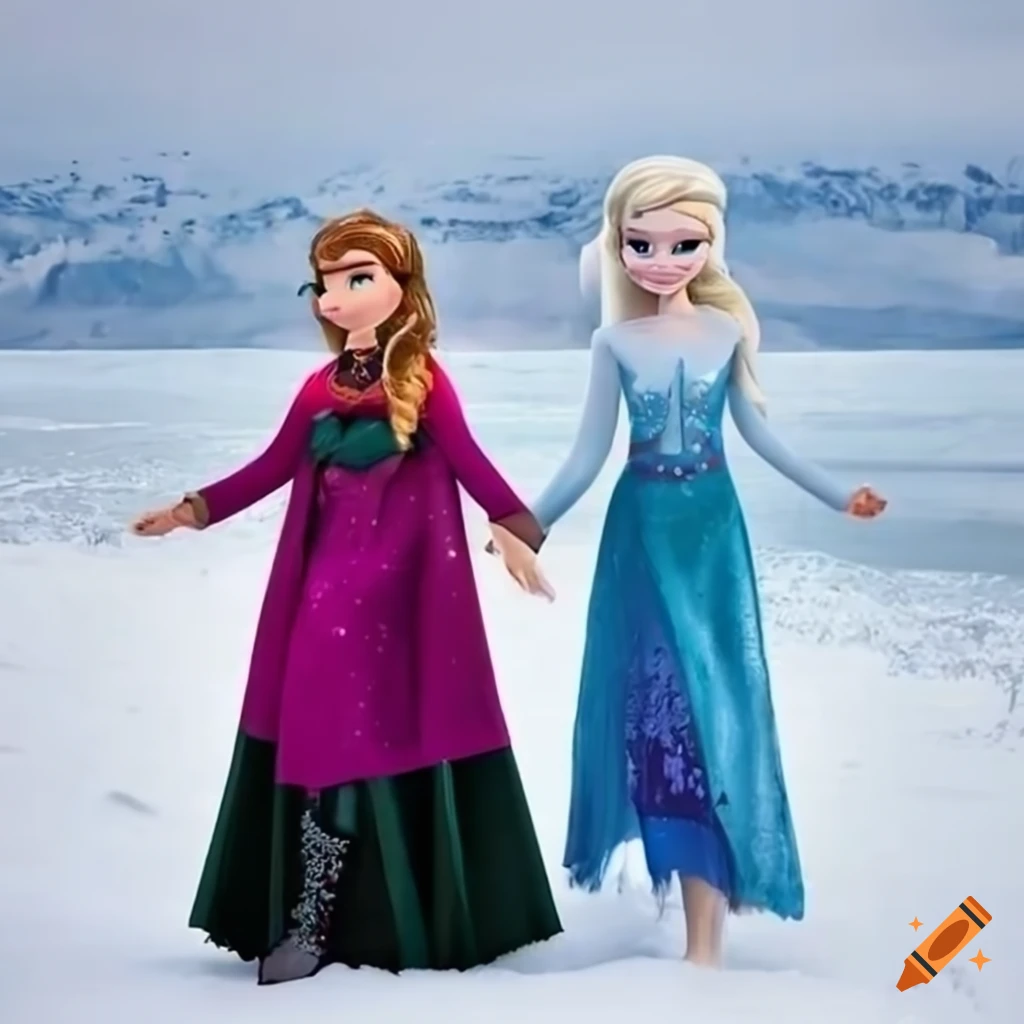 Anna and Elsa from Frozen in winter clothing on a snowy beach in a ...