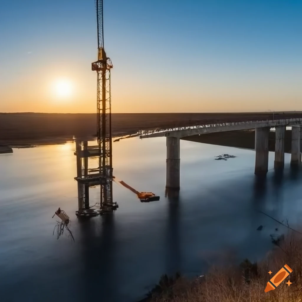 Bridge construction with modular units in rural area during sunset on ...