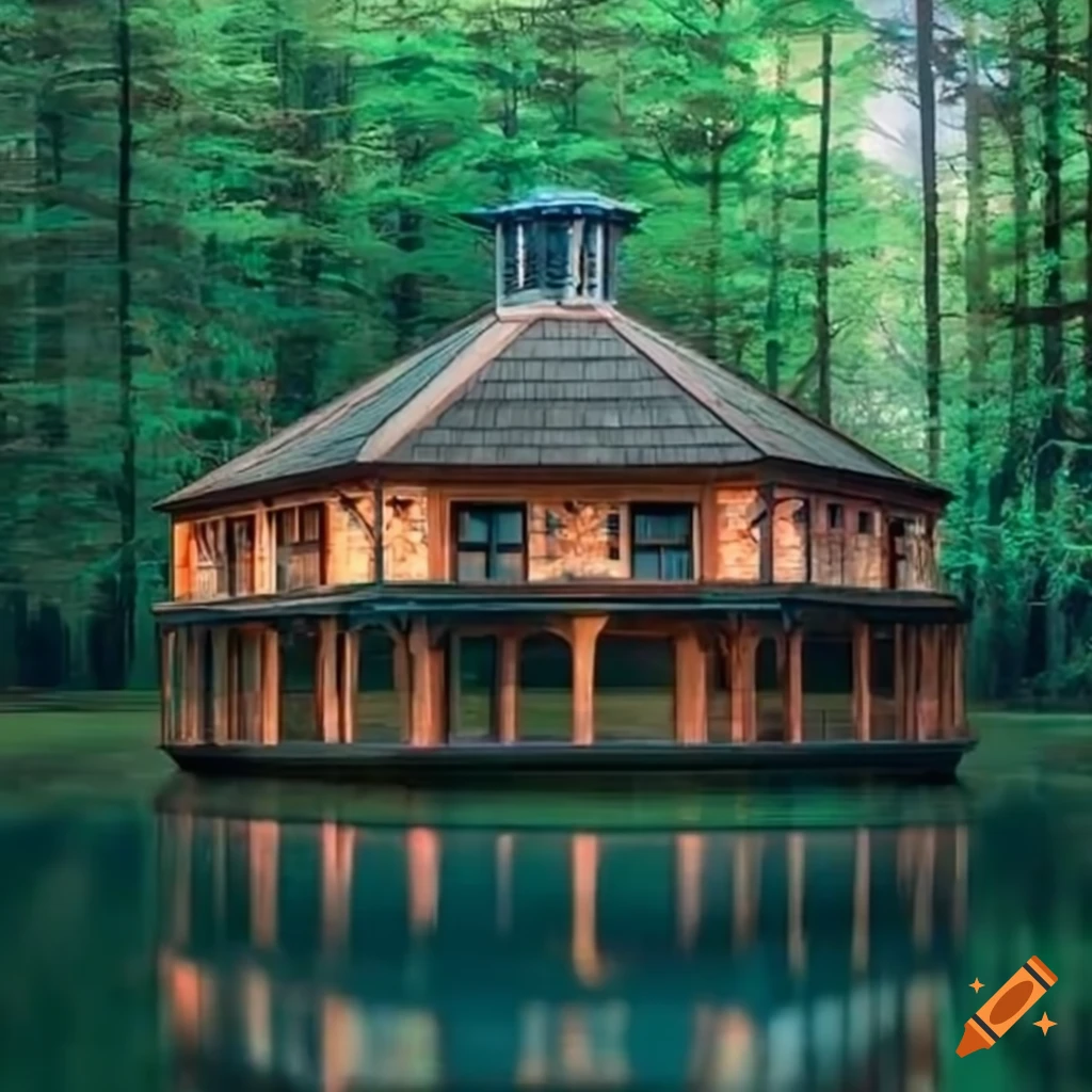 Octagon building in the forest near a river, two floors on Craiyon