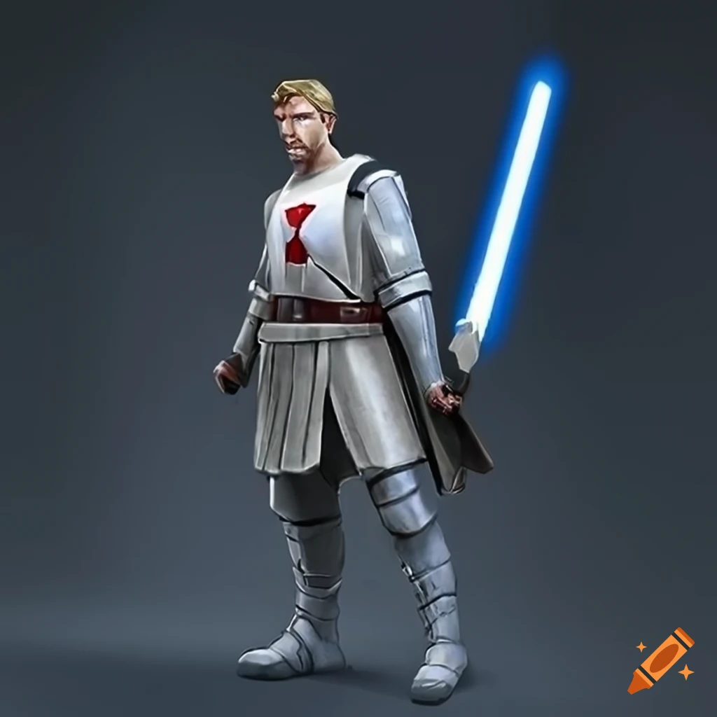 Fusion of Andy Bogard and Obi Wan Kenobi as a blue white templar knight with a sword on Craiyon