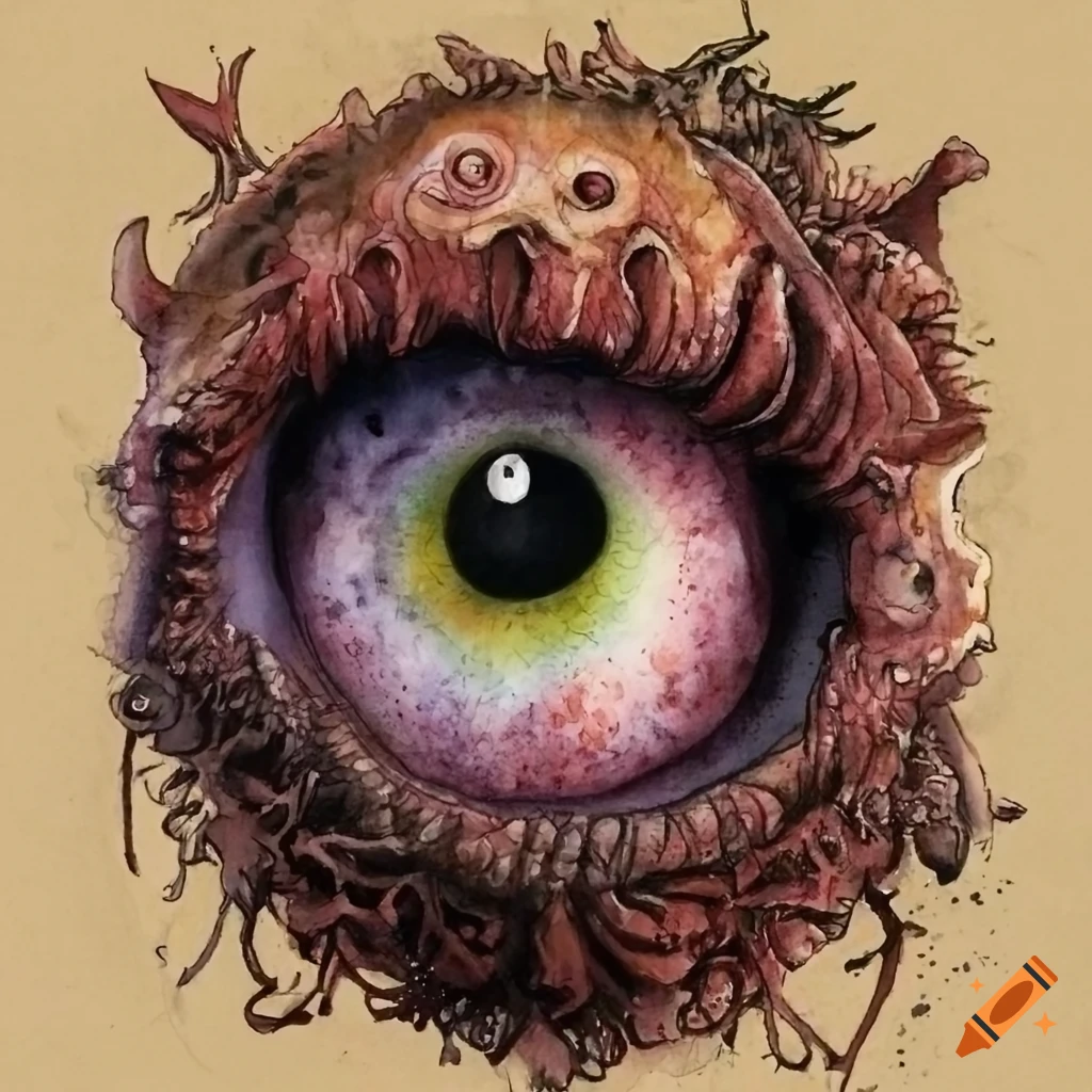 Surreal macabre condor eyeball creature with watercolor wash and micron ...
