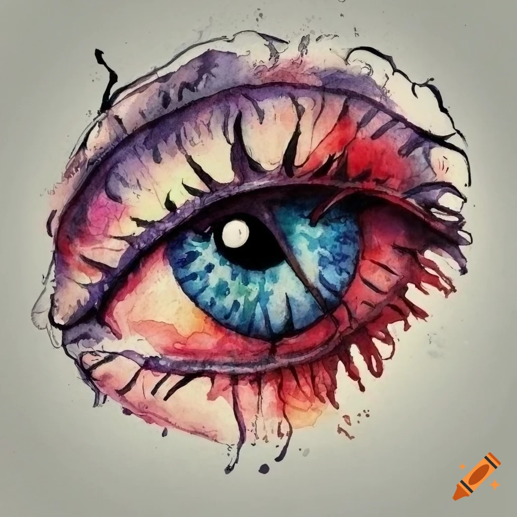 Horror eyeball with wings in watercolor and ink illustration on Craiyon