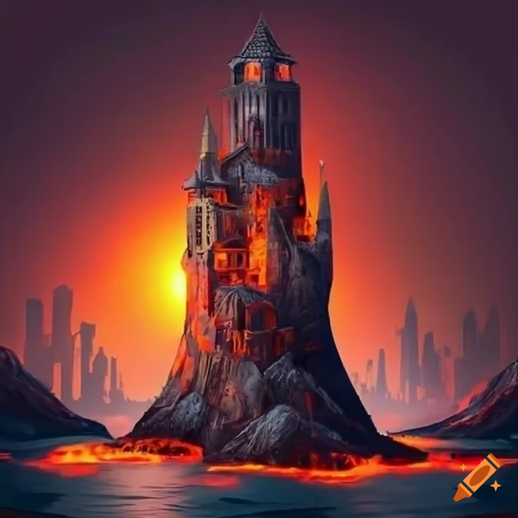 Fantasy city with rivers of lava and central tower on Craiyon