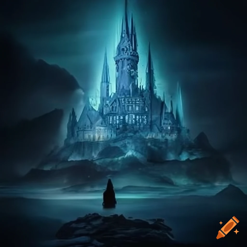 Glass castle illuminated at night on Craiyon