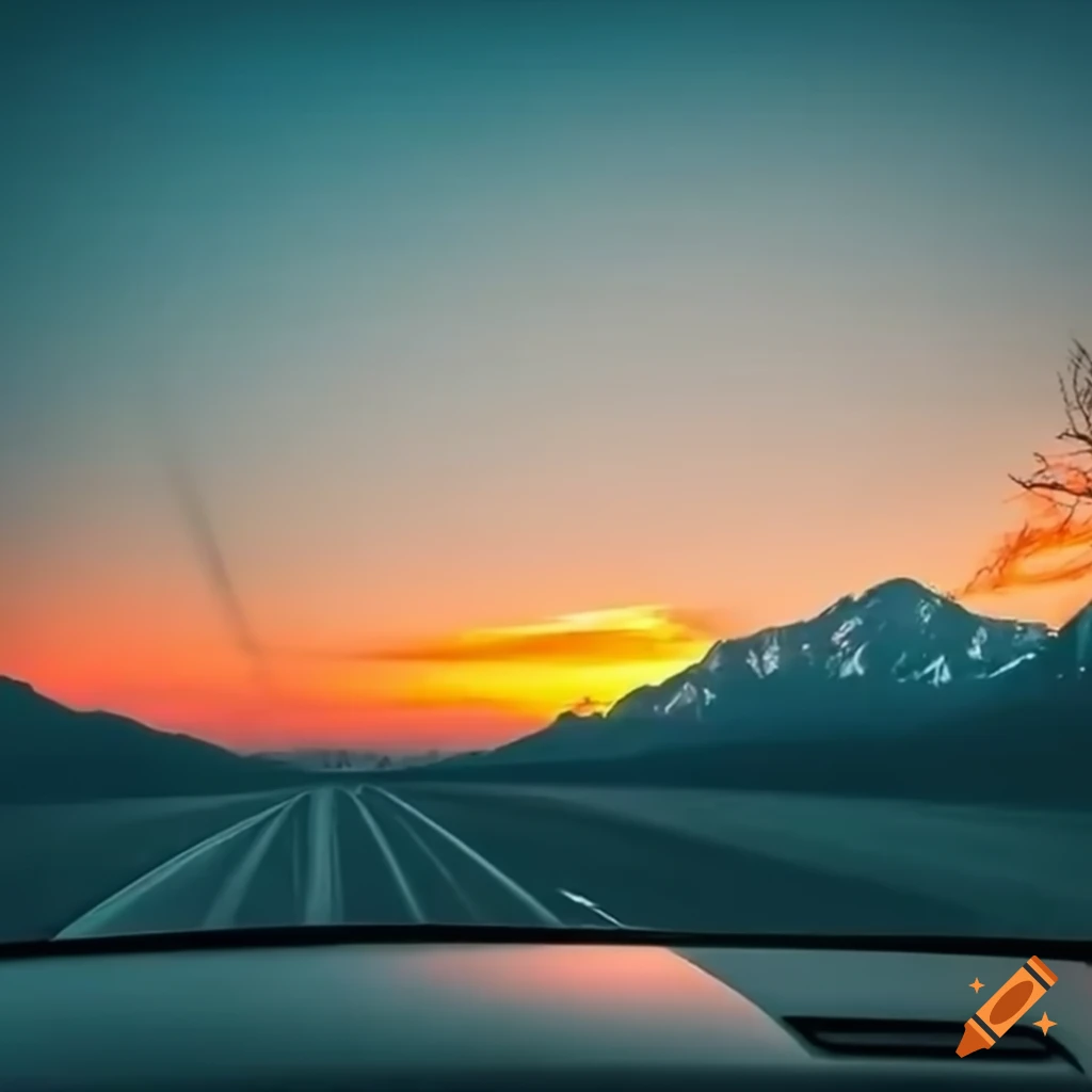 Viewing sunset from inside a car with mountains in the background on ...