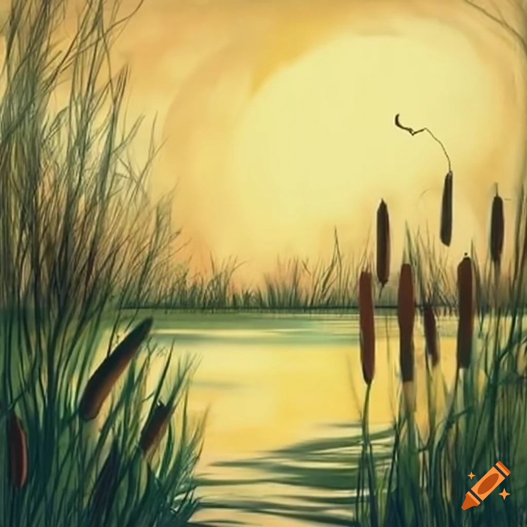 Wetland with cattails, fish, and sediments on Craiyon