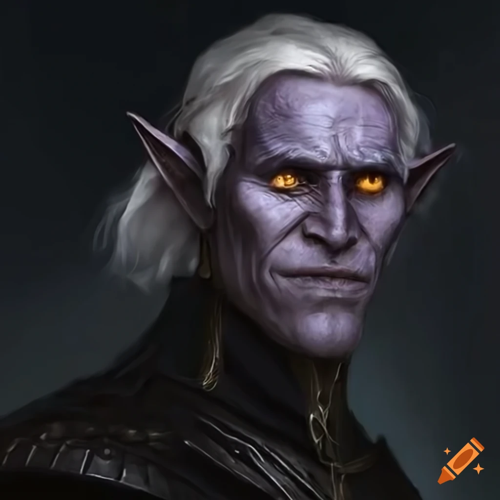 Willem Dafoe portrayed as a drow elf in high-definition photorealistic ...