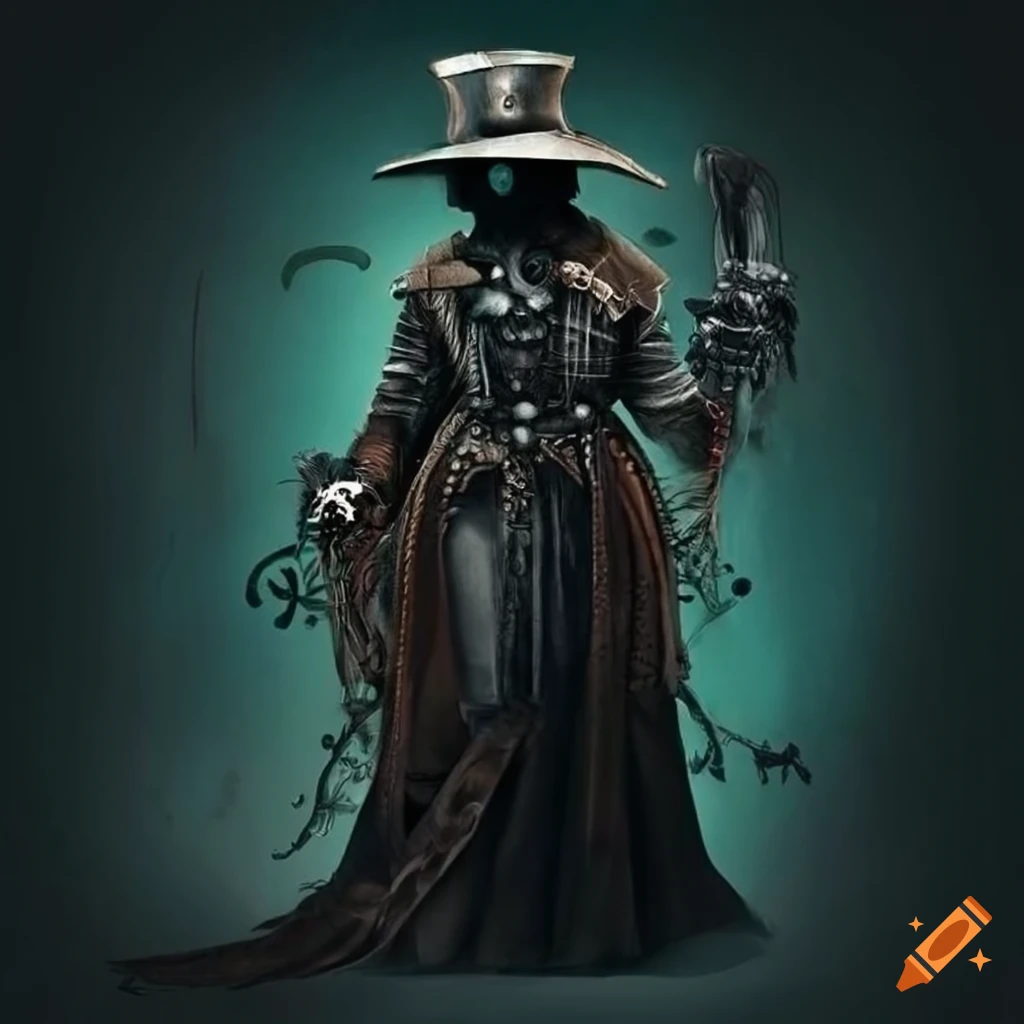 Intricately detailed steampunk plague doctor with raven-feathered cloak on Craiyon