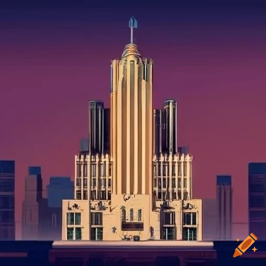 1930s art deco office building in a vintage 2D art style on Craiyon