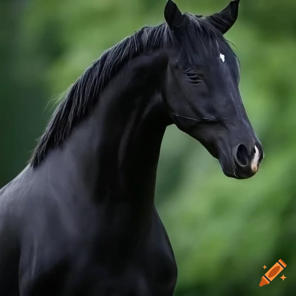 Black dutch warmblood horse in a serene natural setting on Craiyon