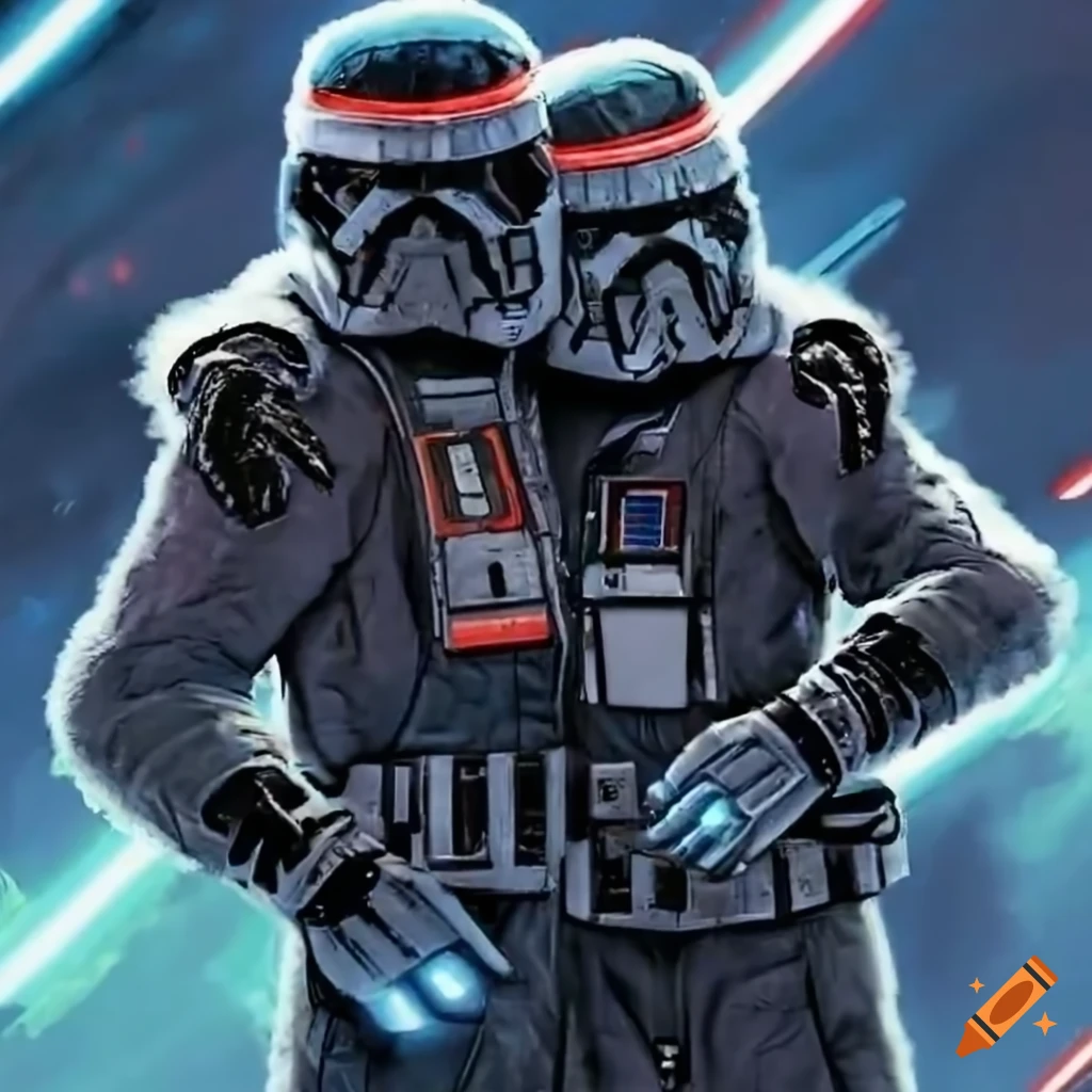 Two Star Wars tie fighter pilots in fluffy bomber jackets hugging while flying on Craiyon