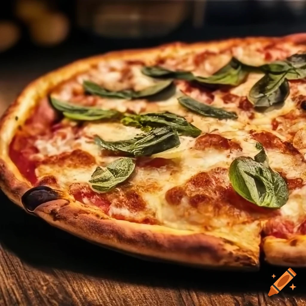 Delicious pizza with glistening cheese and golden brown crust in HDR on ...