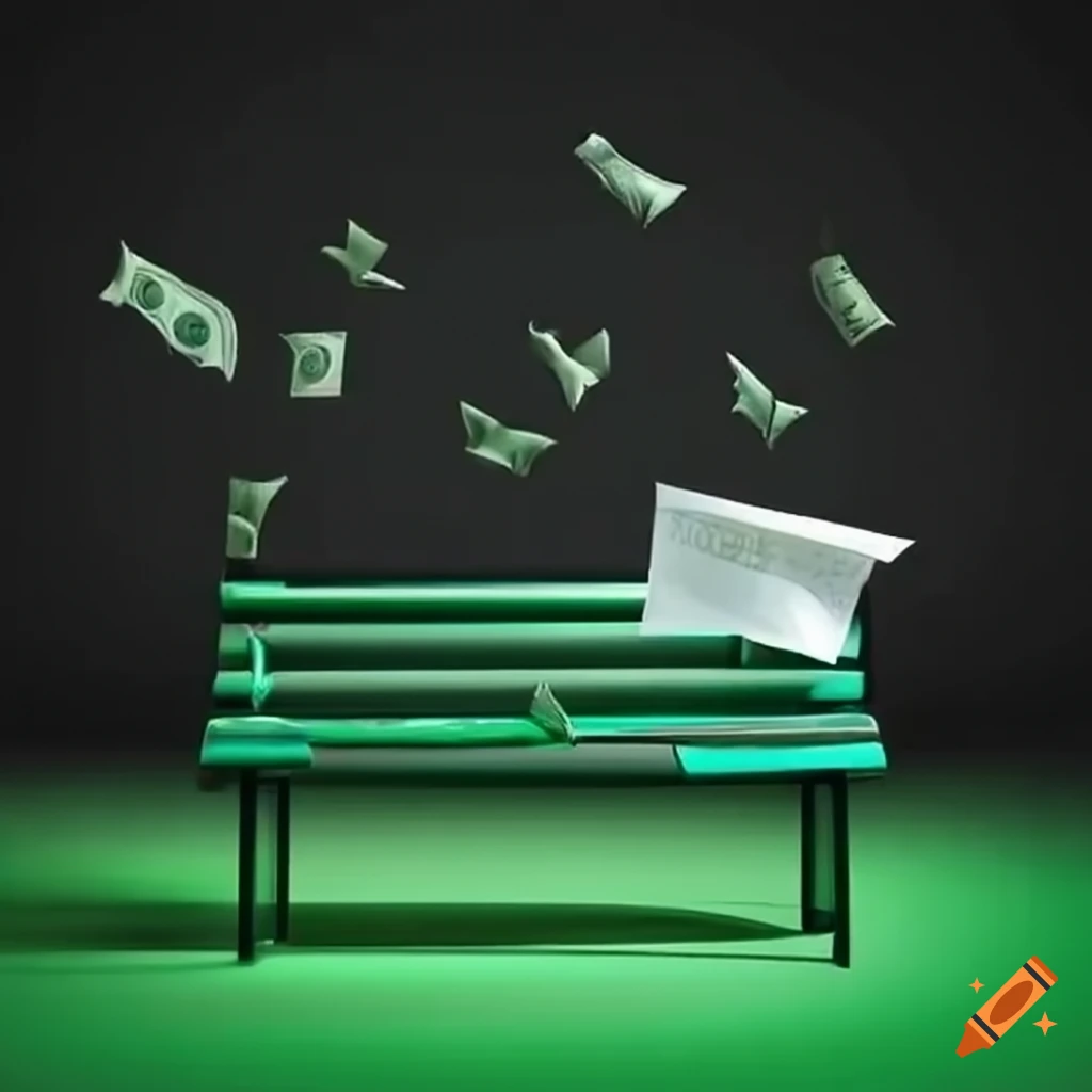 Soccer bench with money and papers flying around on Craiyon