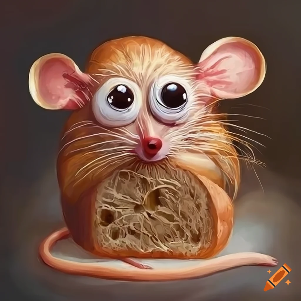 Scared cartoon mouse made of bread in an oil painting on Craiyon