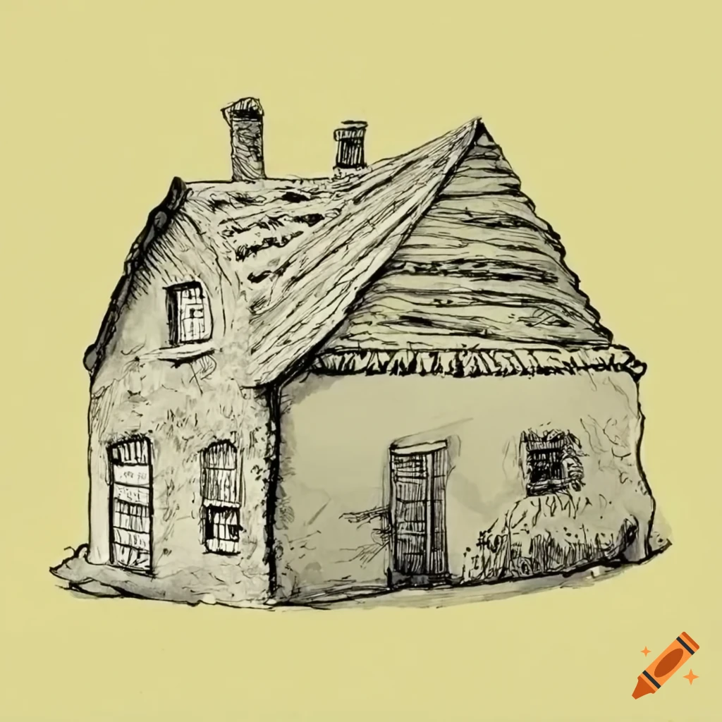 Charming rural house drawn in pencil on yellowed paper on Craiyon