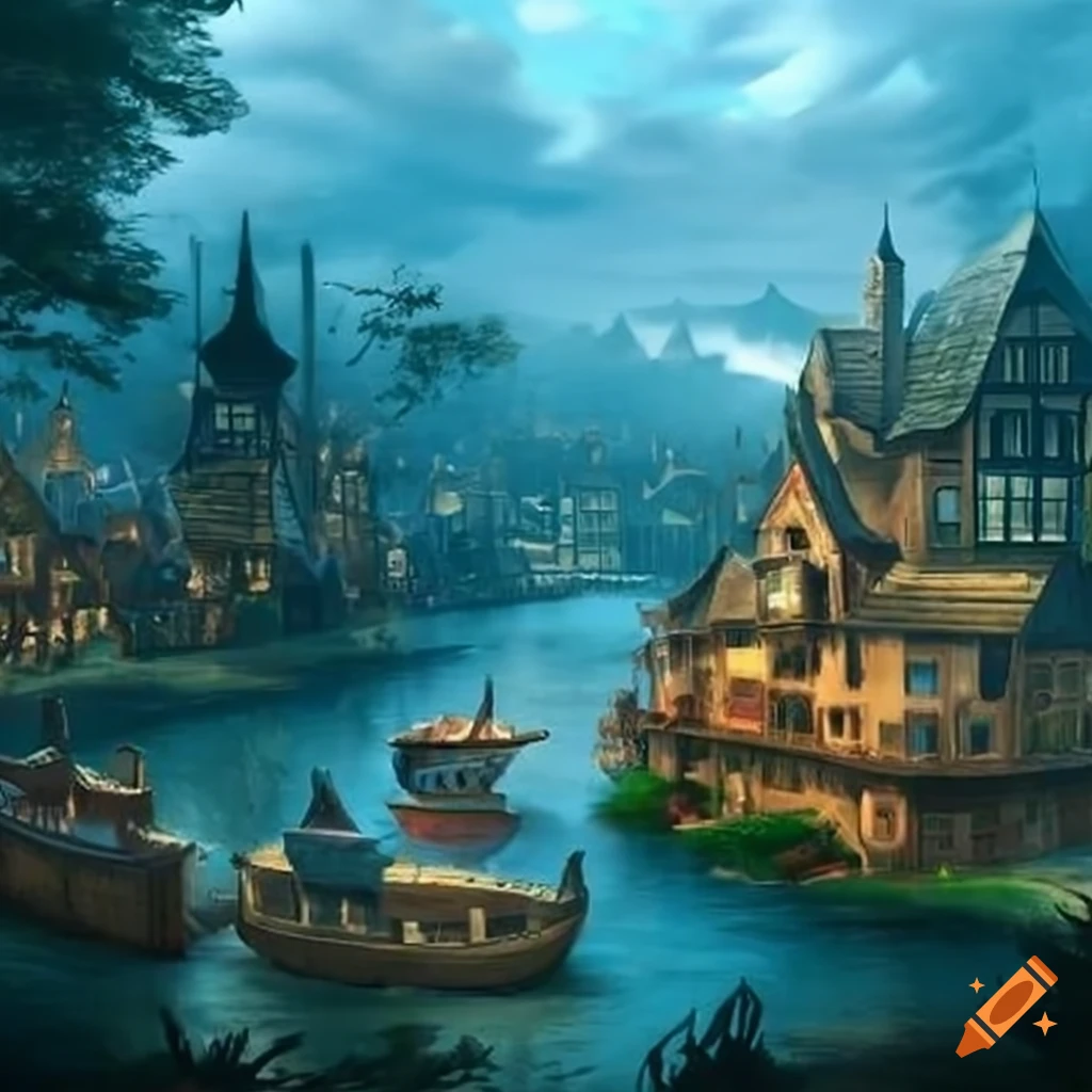 Fantasy town by the river in a forest harbor on Craiyon