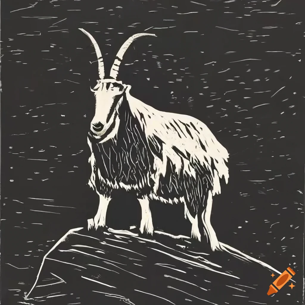 Resilient mountain goat on a steep cliff during a snow storm in linocut ...
