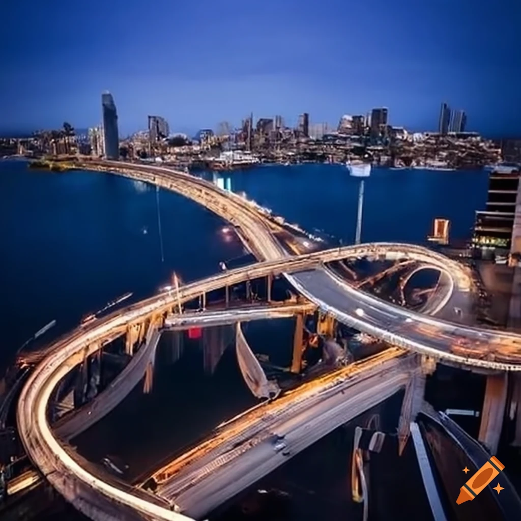 Freeway construction near sydney harbour on Craiyon
