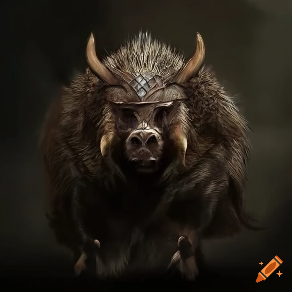 Sleek wild boar in Viking armor in a fantastical setting on Craiyon