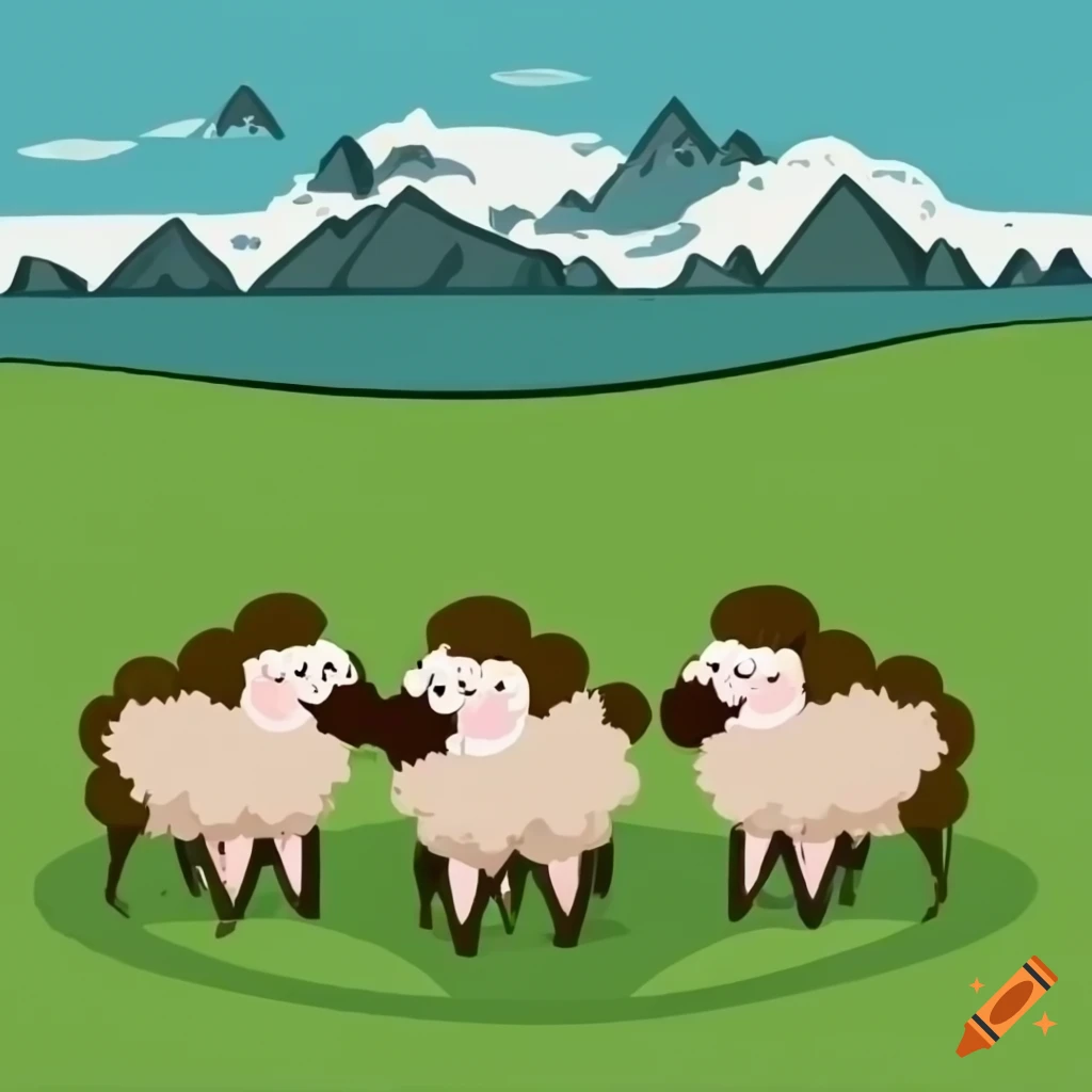 Cartoon style: 10 sheep on grass with mountains, forests, and a pond in ...