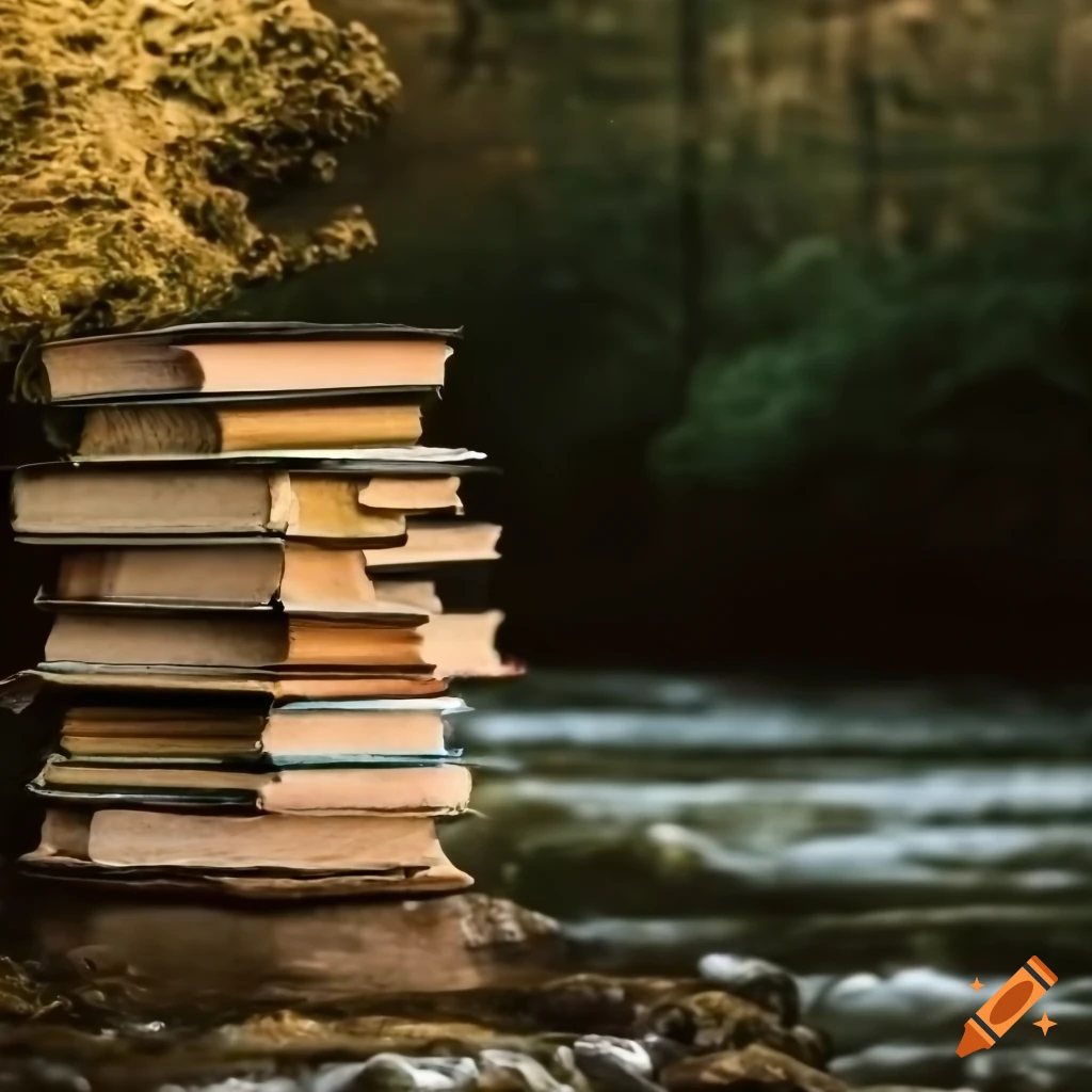 Stack of books on a moss-covered river stone in a golden hour setting ...