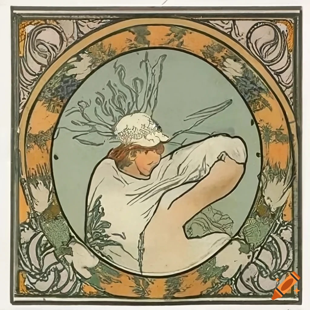Woodcut by Alphonse Mucha depicting a serious 17-year-old male with ...