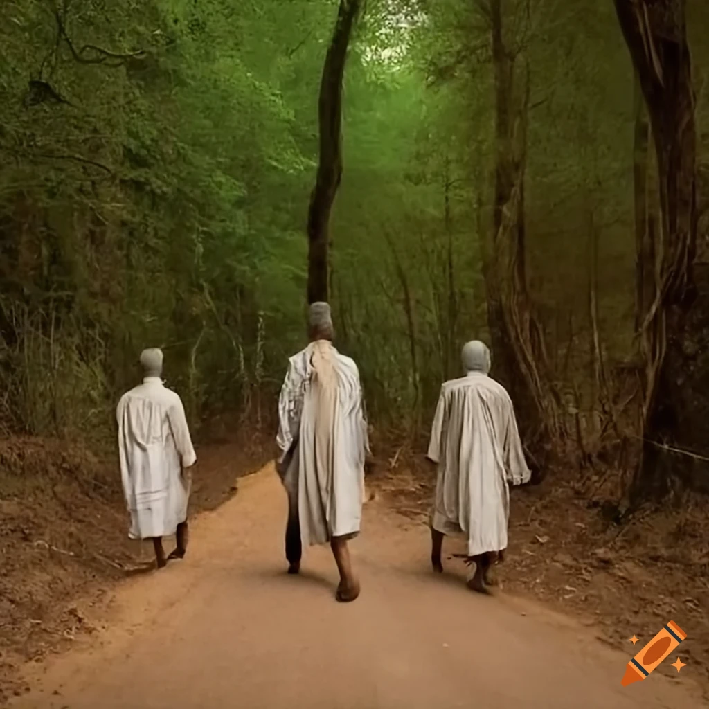 Three young men walking through nature in the middle east in historical ...