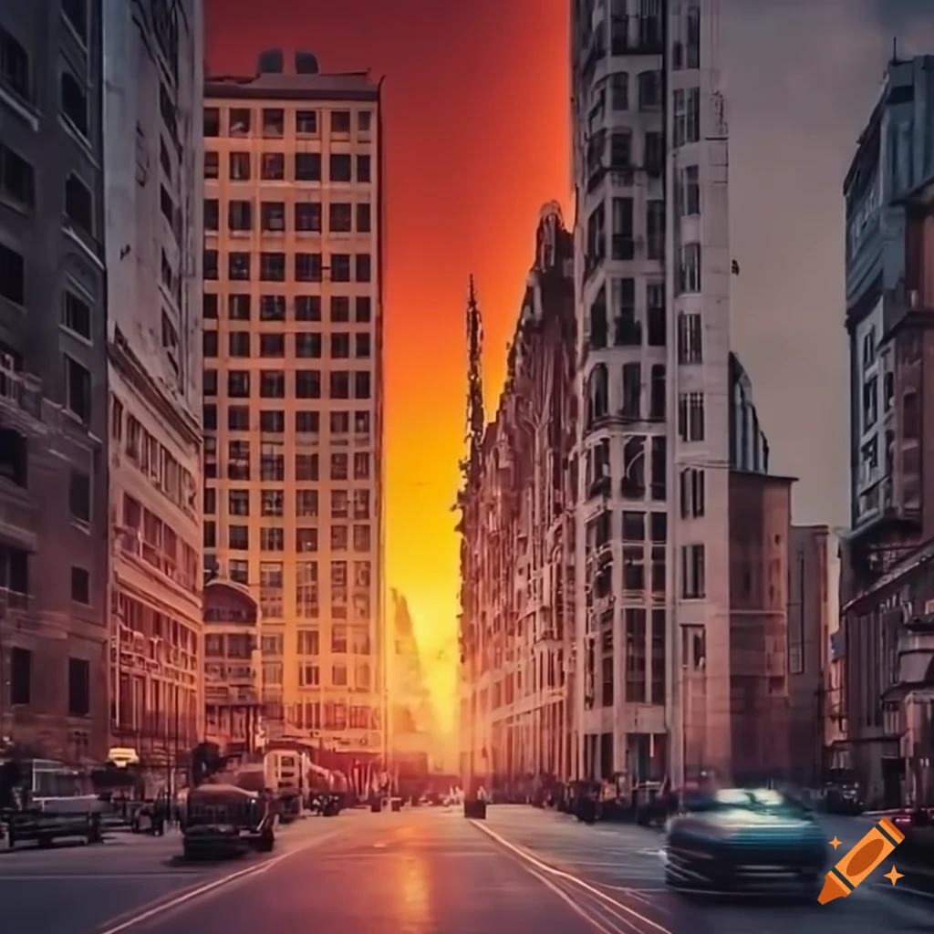 Sunrise over city buildings in a street scene on Craiyon