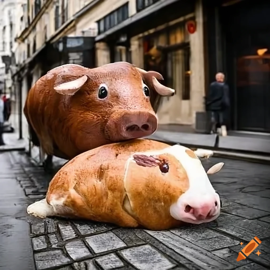 Cartoon cow jealous of guinea pig's ham sandwich in rainy paris on Craiyon