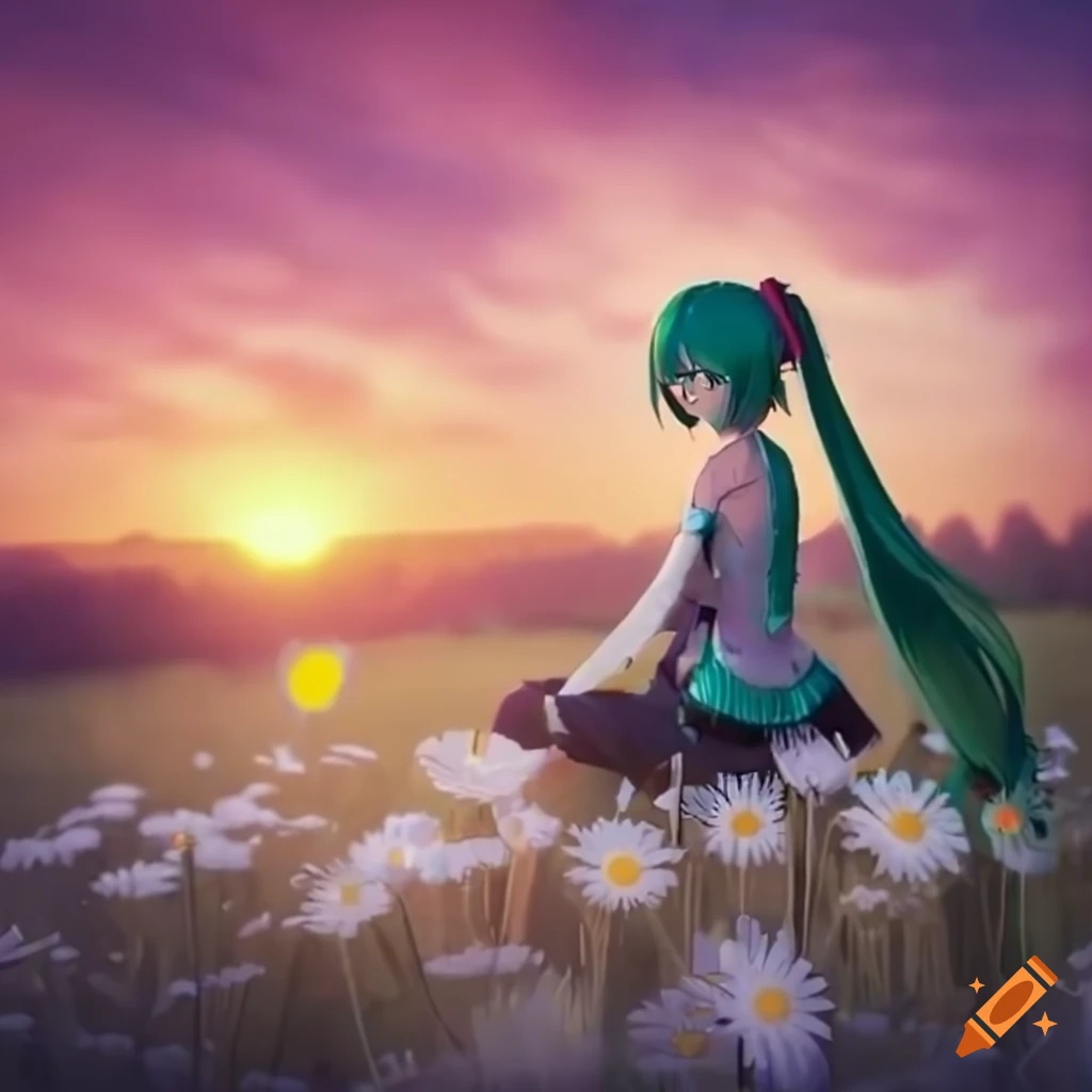 Hatsune Miku sitting in a field with a daisy looking at the sunset on ...
