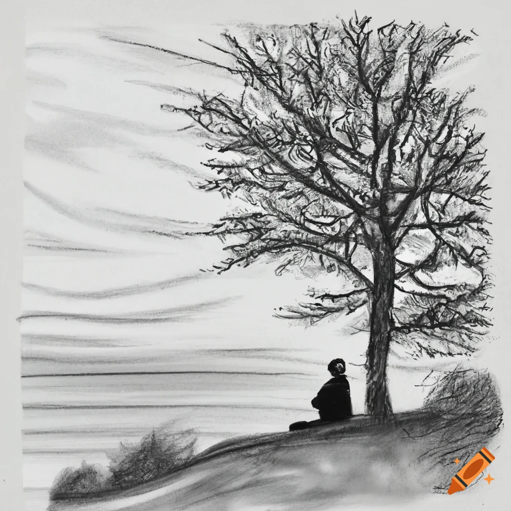 Old man sitting under a tree on a hill in a charcoal drawing on Craiyon