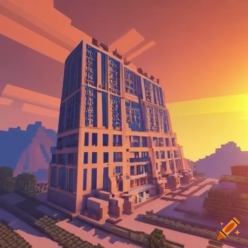 Minecraft rendering of a complex building with vehicles at sunset ...