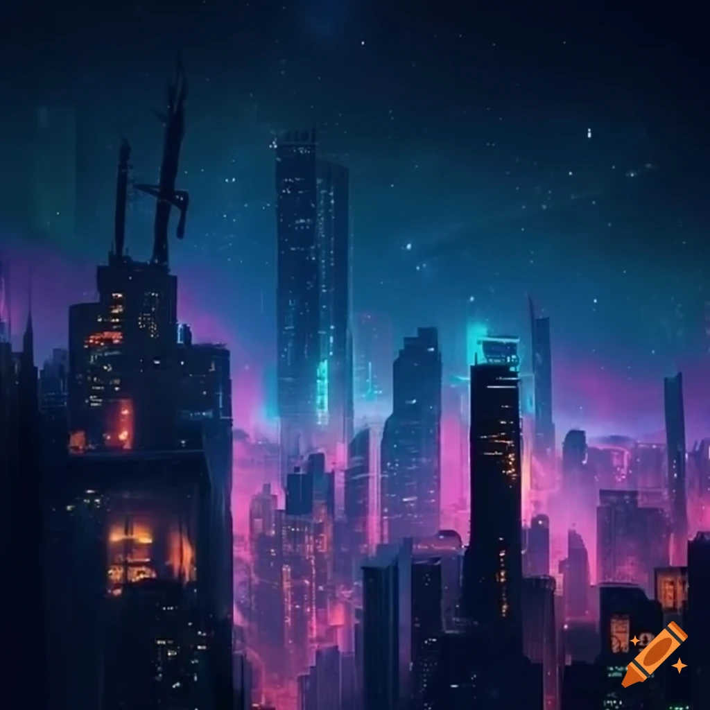 Cyberpunk cityscape with neon lights under a starry night sky on Craiyon