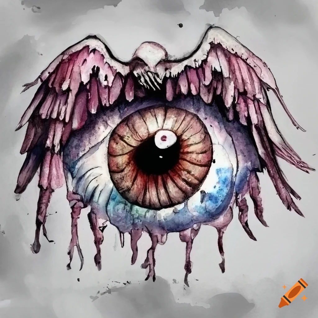Horror eyeball with wings in watercolor and ink illustration on Craiyon