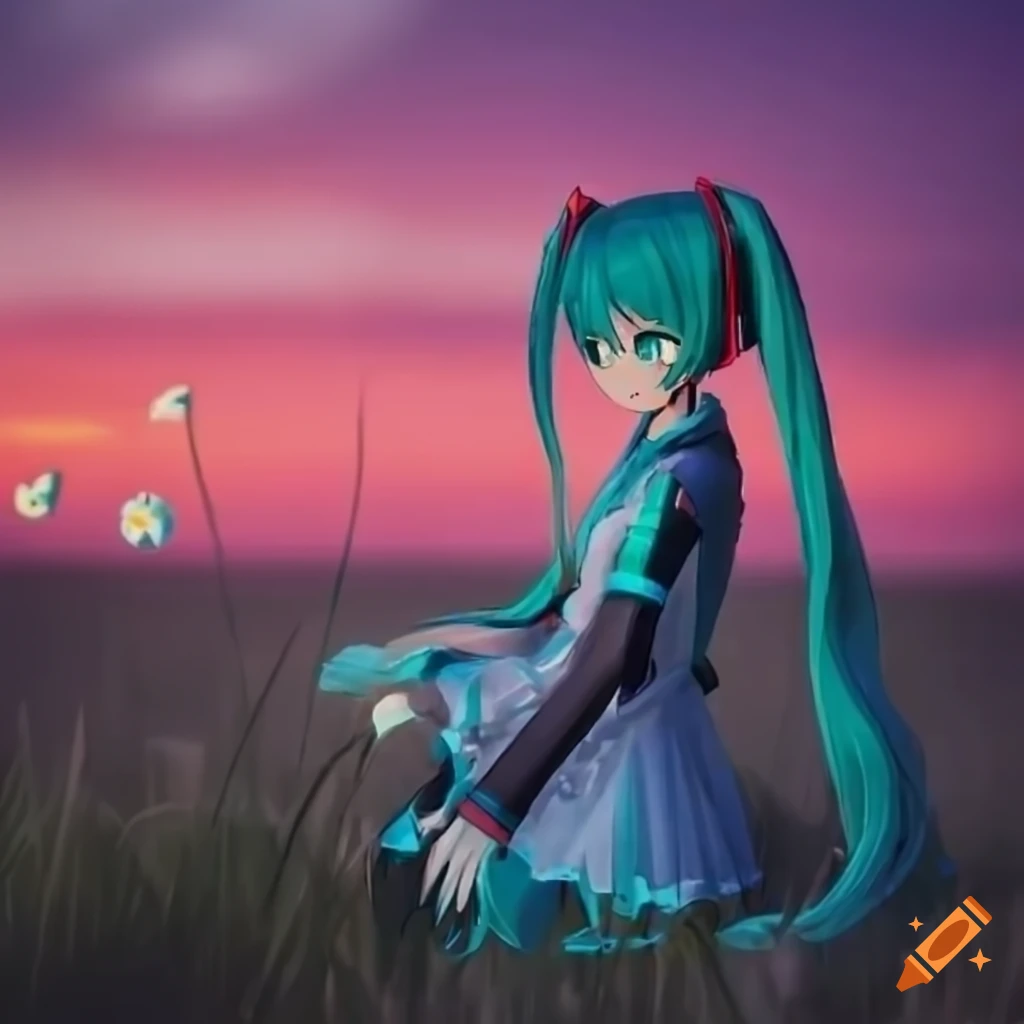 Hatsune Miku sitting in a field with a daisy under a sunset on Craiyon