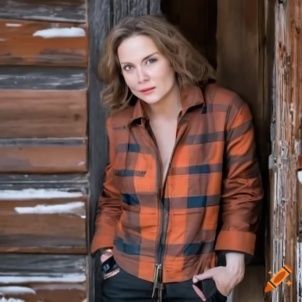 Close-up photorealistic view of a person in an orange plaid shirt and ...