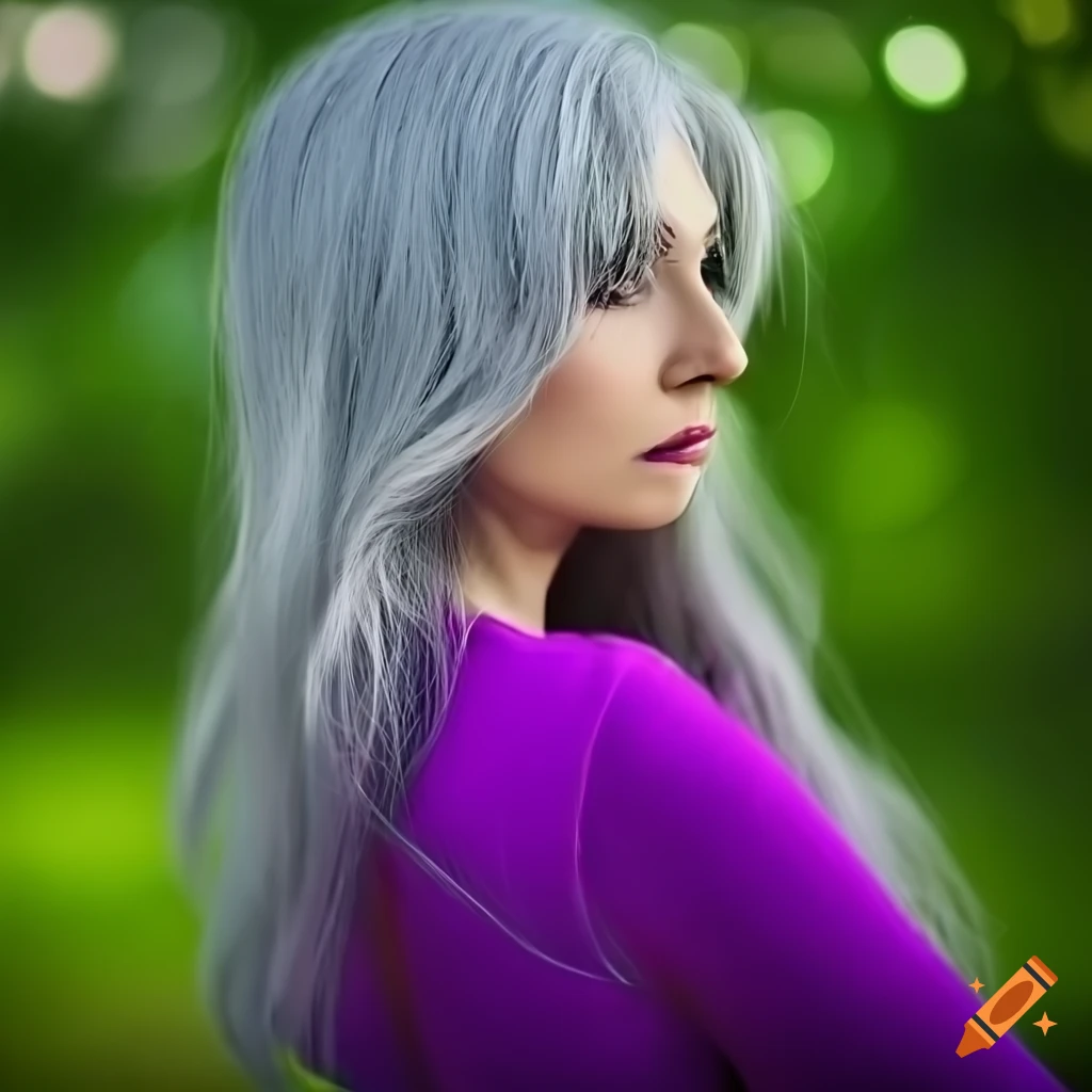 Grey-haired beautiful alien-looking lady with a purple ball in a green ...
