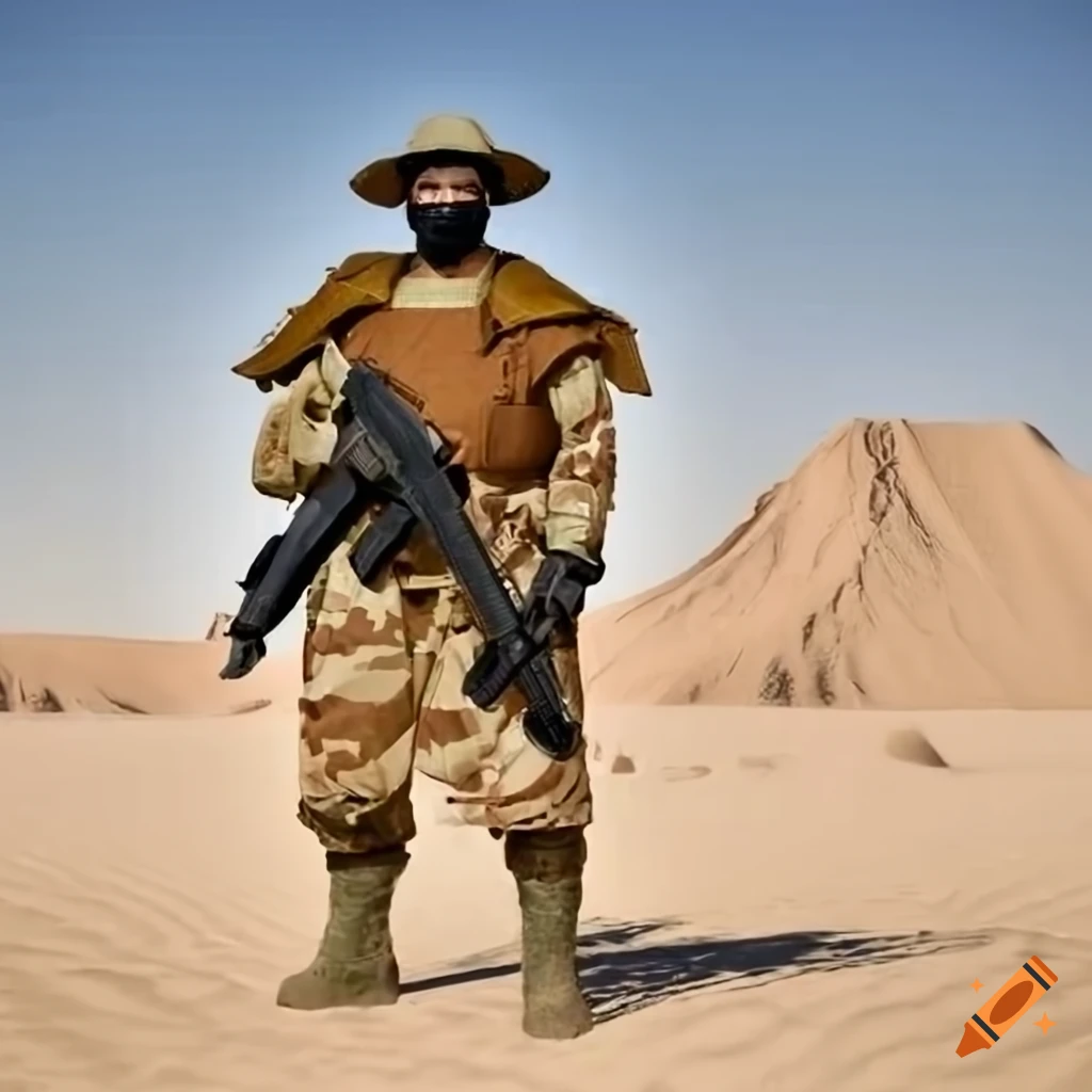Soldiers in desert camo armored facemasks and chest armor standing in ...