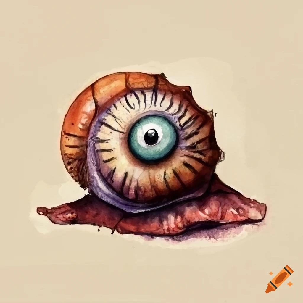 Surreal horror eyeball in sea snail, watercolor and ink illustration on ...