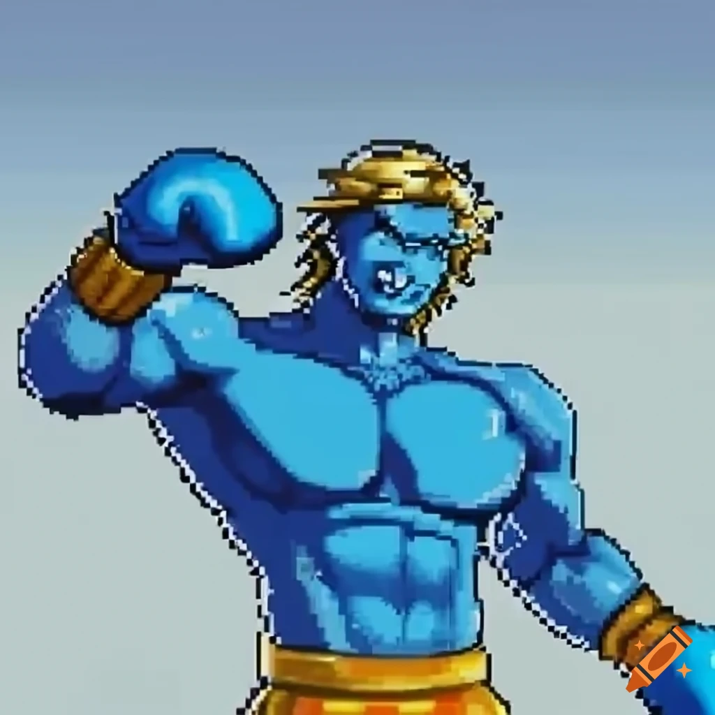 Blue beast boxer with blonde hair in a snes game on Craiyon