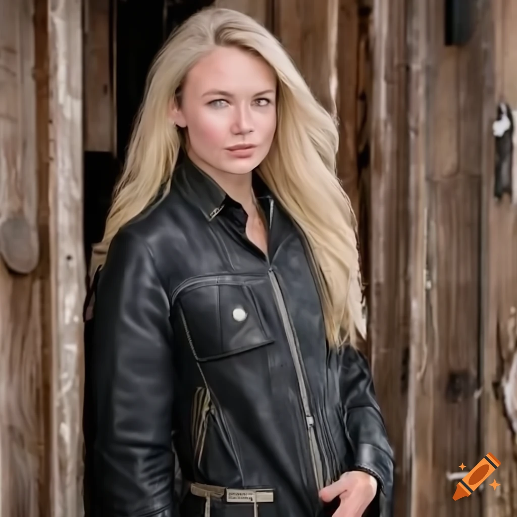 Blonde actress with a yellow plaid shirt and black leather jacket on ...