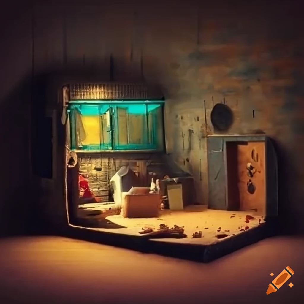 Miniature diorama inside a small radio station bunker on Craiyon