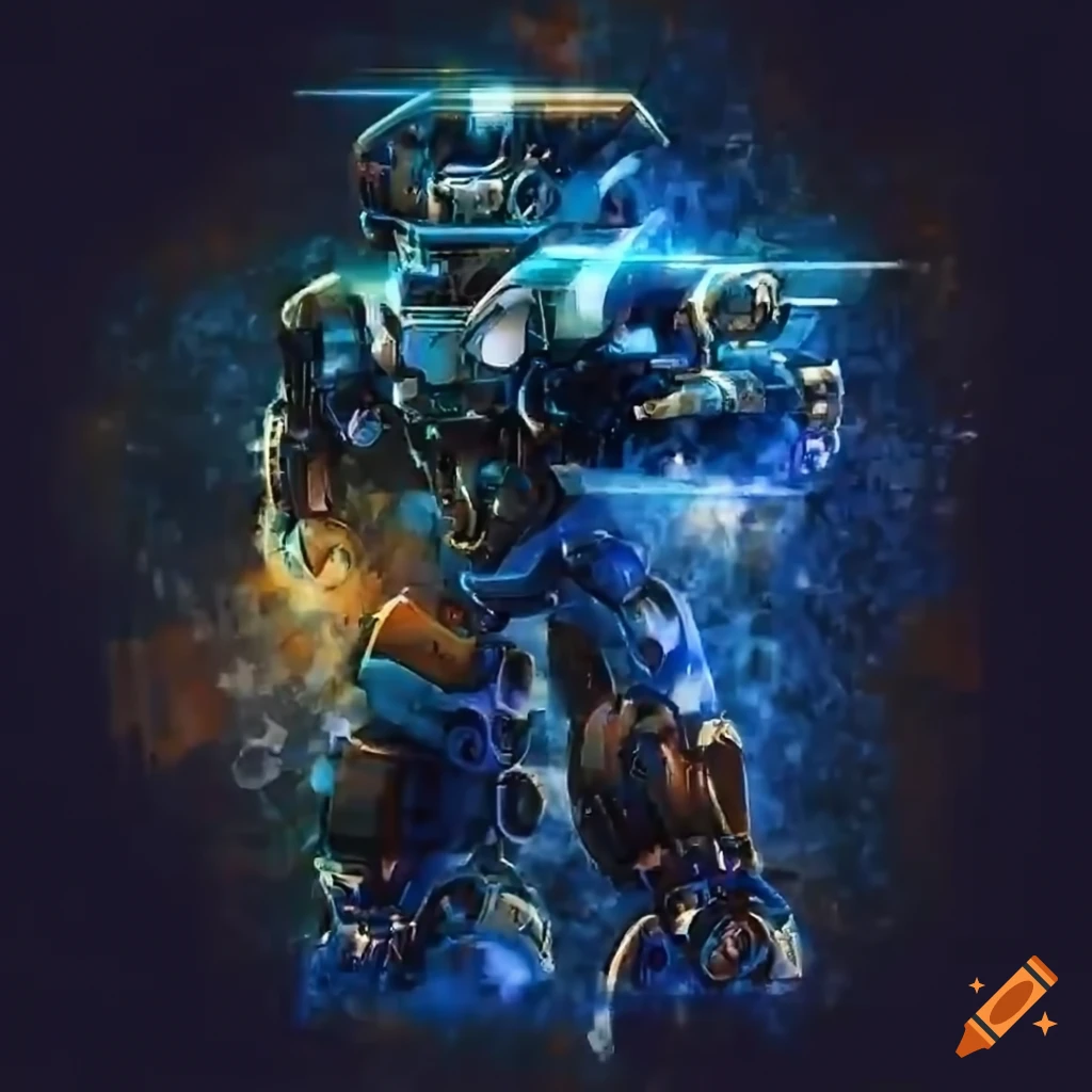 High-tech mecha robot glowing with blue lights on a dimly lit ...