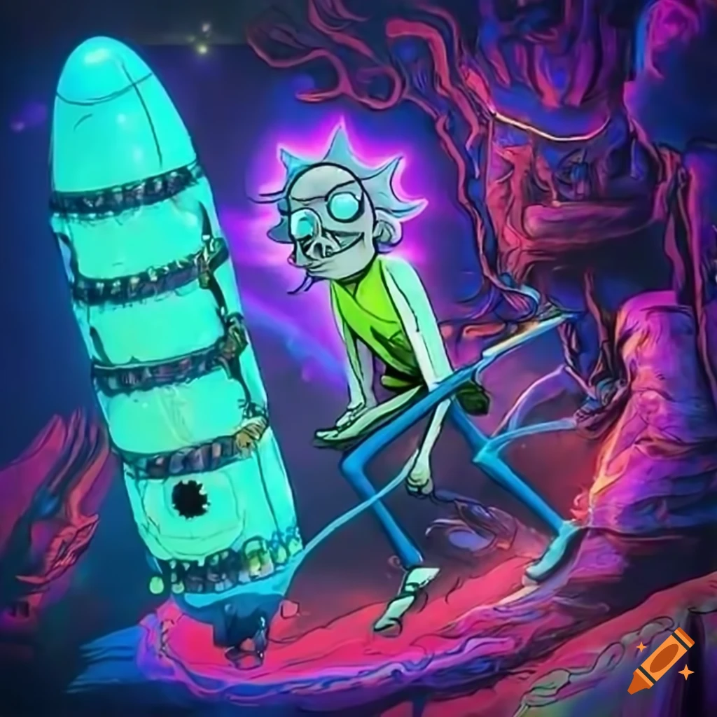 Skeleton Rick and Morty riding a spaced rocket ship in a vibrant ...