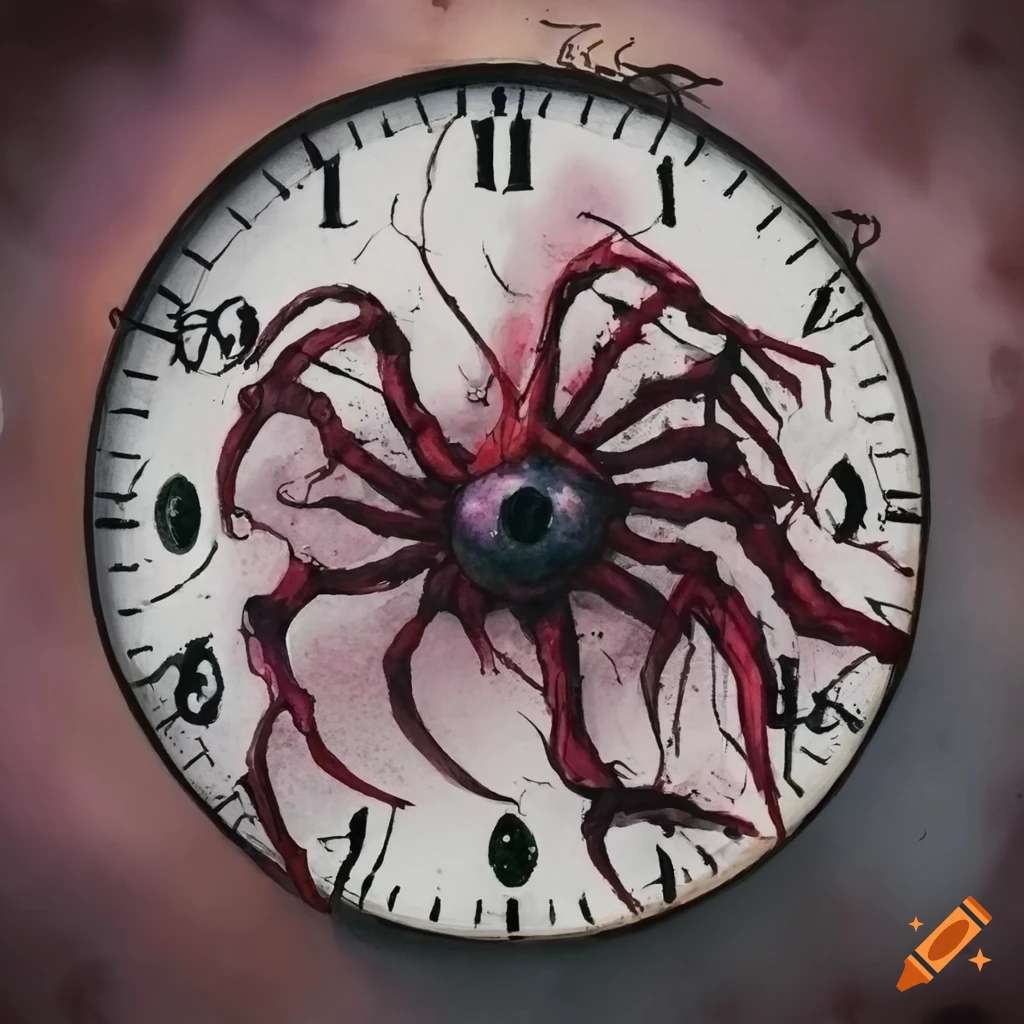 Horror eyeball spider clock in a lovecraftian setting on Craiyon