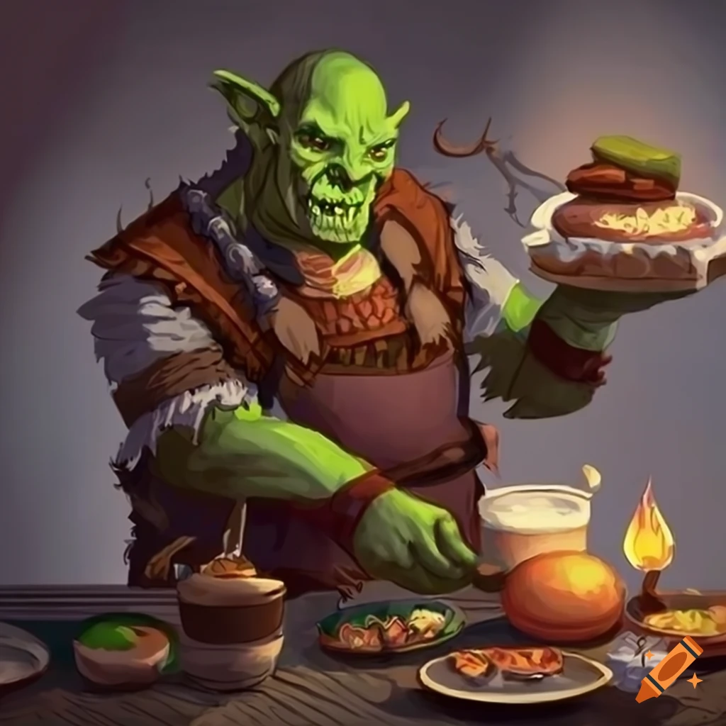 Intriguing half orc cook preparing a meal in a fantasy setting on Craiyon
