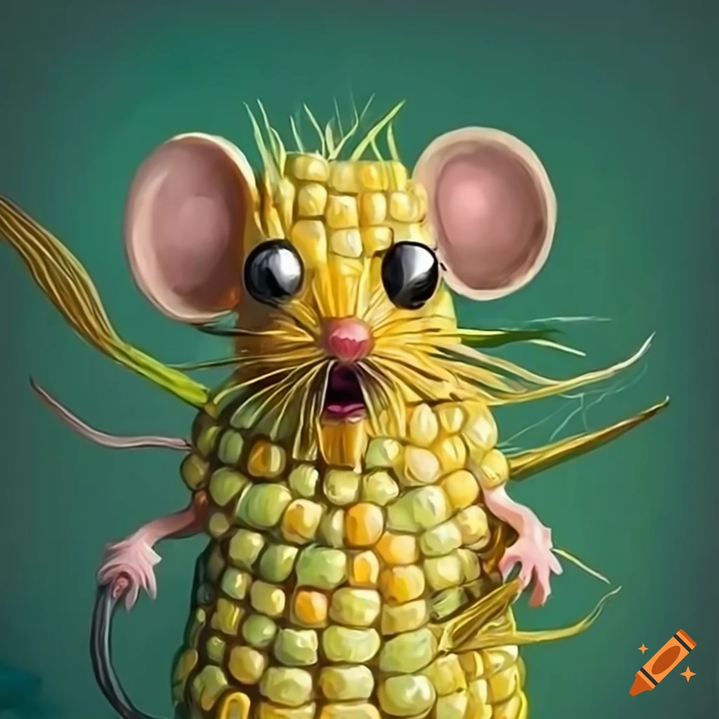 Scared cute yellow mouse made of corn cob in oil painting style on Craiyon