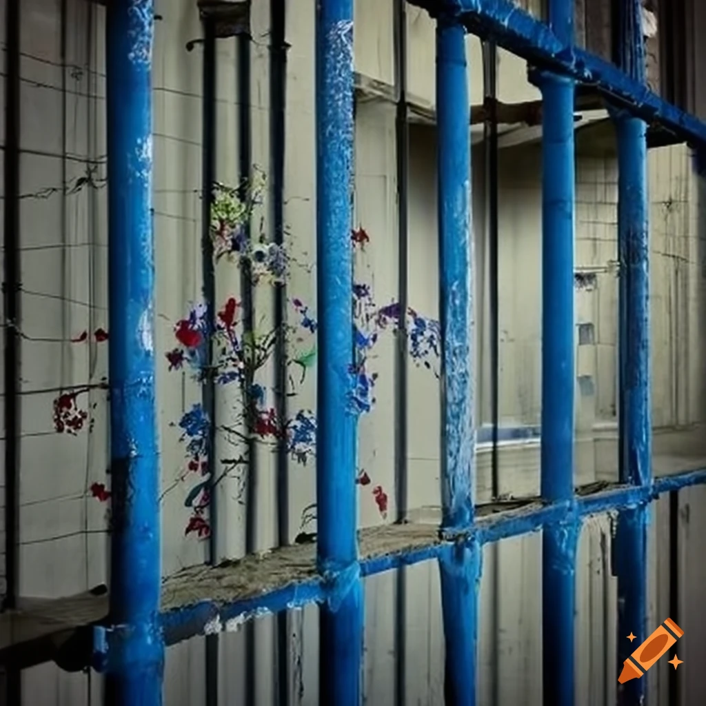 Prison bars with bluebird, flowers, and trees on Craiyon
