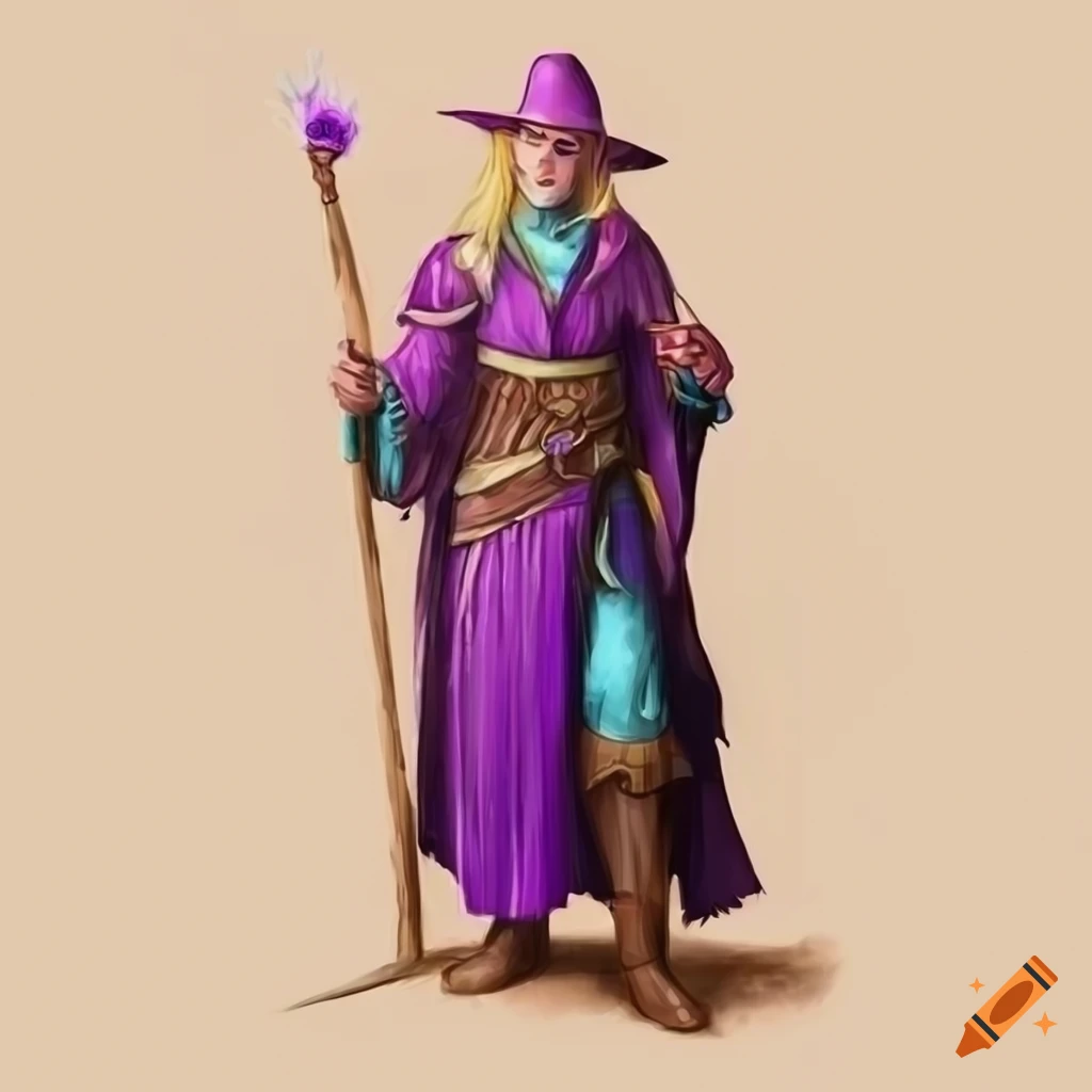 Young blonde male elf wizard in a purple hat and nature-themed outfit ...